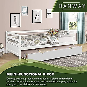 Hanway Solid Pine Wood Frame Twin Daybed with Pull Out Trundle, Twin Size Trundle Daybed/Twin Daybed Frame Wood, No Box Spring Needed, Easy Assembly (White)