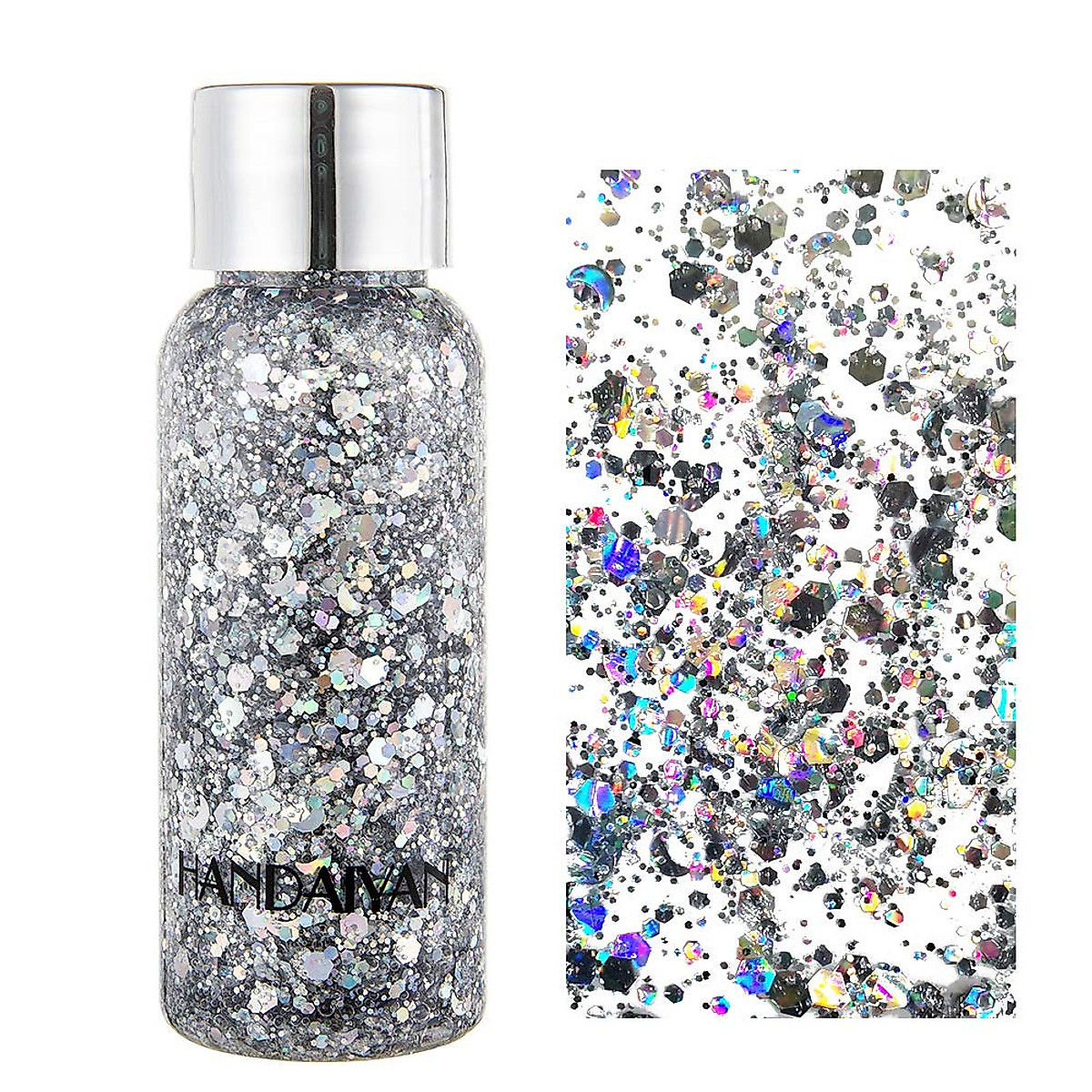 HANDAIYAN Holographic Body Glitter Gel Nail Hair Body Face Eye Shadow Mermaid Sequins Chunky Glitter Festival Glitter Makeup for Body, Face, Hair Makeup (01 Silver)