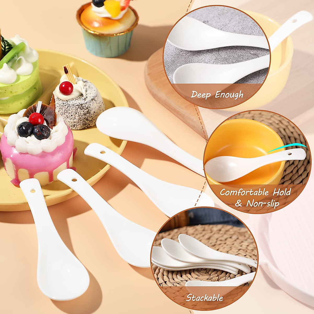 50 Pack Ceramic Soup Spoons Bulk 5.43 Asian Soup Spoon Set Bright White Ultra Fine Porcelain Tablespoon with Deep Oval Hook Design Dishwasher Safe for Wonton Dumpling Miso Cereal Ramen