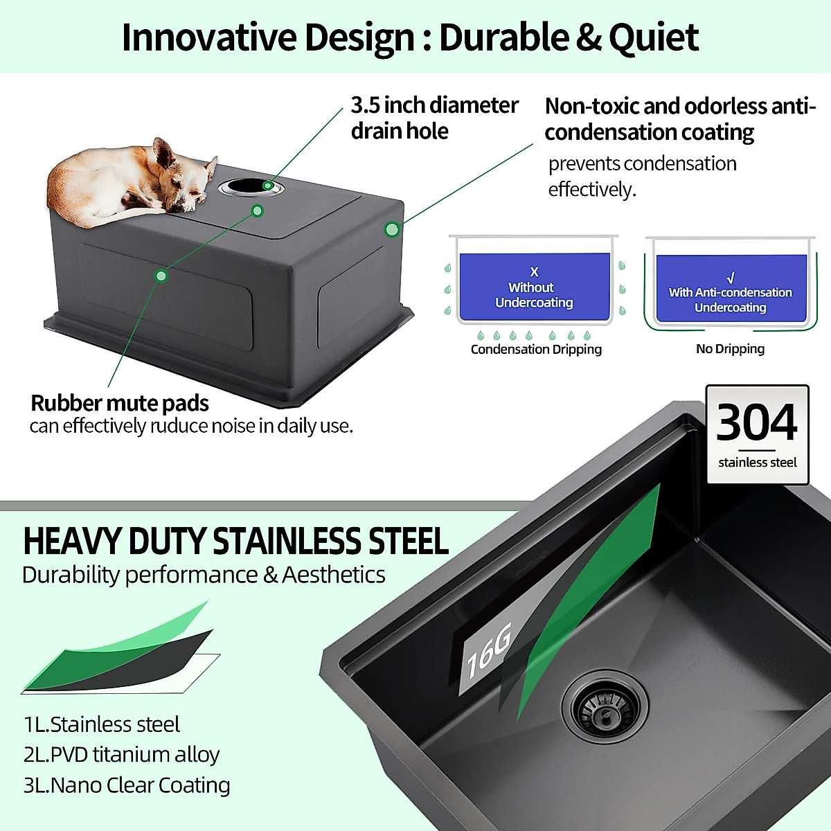 EcoChannels Undermount Kitchen Sink, 24 x 19 Inch Sink Kitchen 16 Gauge Stainless Steel Kitchen Sinks Gunmetal Black Single Bowl Workstation Sink with Cutting Board