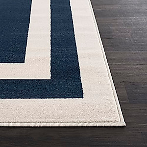 CAMILSON Navy Blue Area Rug 2' x 7', Bordered Design Indoor Runner Rugs for Living Area Hallway, Navy Blue / Cream Indoor Carpet