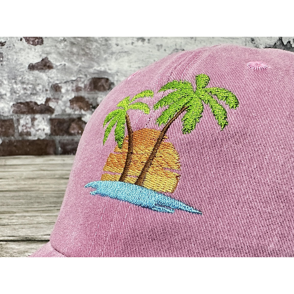 Hepandy Embroidered Palm Tree Hat for Women, Washed Pink Baseball Cap Snapback Hat for Girls, Outdoor Travel Denim Dad Hat Trucker Hat