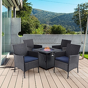 MFSTUDIO 28 Inch Propane Gas Fire Pit Table & Wicker Chairs Furniture Set with Blue Fire Glass, Multi-Function Outdoor Patio Conversation Set, 50,000 BTU, CSA Certification