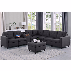 asunflower Modular Fabric Sectional Sofa Ottoman Set, L Shape Sofa Couch with Console, Cup Holder, Charging Ports Convertible Sectional Couch for Living Room Apartment