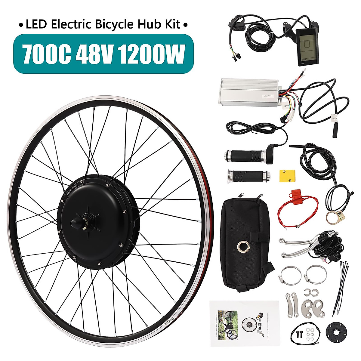 RIAHNEAH 700CC 48V E-Bicycle Conversion Kit, 1200W Front Wheel Electric Bicycle Pedal Assist Sensor Hub Conversion Kit, Motor Kit Universal Motor Wheel Kit with LCD Instrument