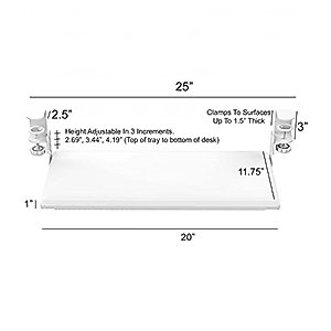 Stand Up Desk Store Compact Clamp-On Retractable Adjustable Keyboard Tray/Under Desk Keyboard Tray | Increase Comfort and Usable Desk Space | for Desks Up to 1.5" (24.5" x 11.5") (White) (Small)