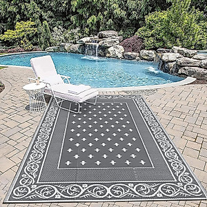 Bsmathom Reversible Outdoor Rugs Patio Rug 6'x9', Waterproof Plastic Straw Rug for Patios Clearance, RV Camping Rug Indoor Outdoor Area Rug for for Picnic, RV, Deck, Backyard, Balcony(Grey,6'x9')