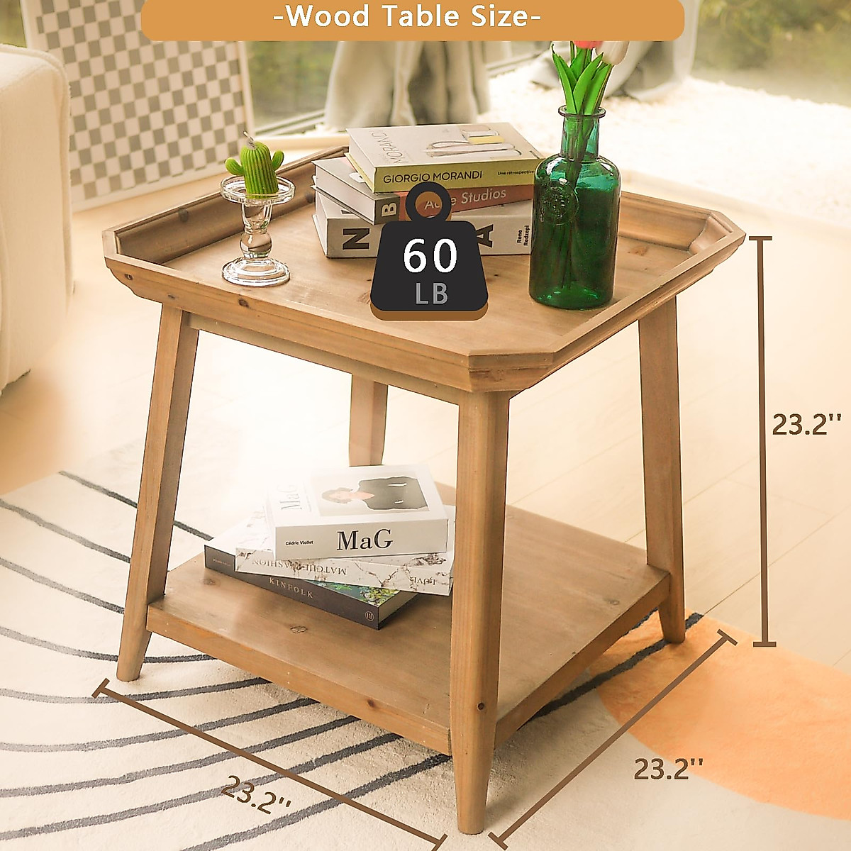 TIMBERMAVEN Rustic Farmhouse Square End Table, French Country Vintage Side Table, Boho Industrial with Storage Shelf for Living Room,café, Bedroom, Small Spaces,Solid Wood Nature White