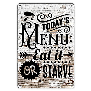 QIONGQI Funny Kitchen Quote Metal Tin Sign Wall Decor Farmhouse Rustic Today's Menu Eat It Or Starve Sign for Home Kitchen Decor Gifts