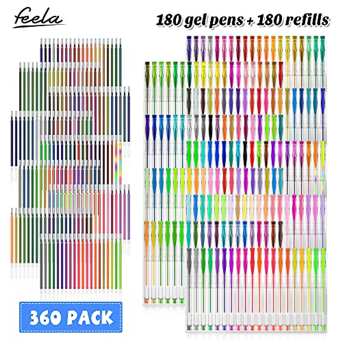feela 360 Colors Gel Pens Set 180 Unique Gel Pen Plus 180 Refills for Adult Coloring Books Drawing