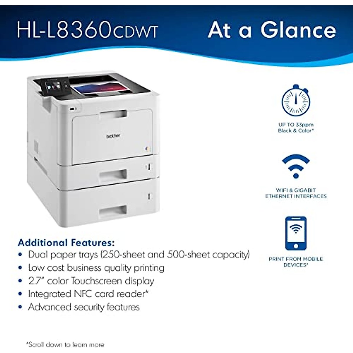 Brother Color HL-L8360CDWT Business Wireless Single-Function Laser Printer - Print Only - 2.7" Touchscreen, 33 ppm, 600 x 2400 dpi, 1GB Memory, Auto Duplex Printing, Dual Trays, NFC, Ethernet, Cbmoun