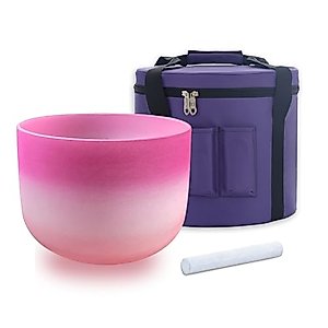 KVKA 10 Inch F Note Heart Chakra Rainbow Quartz Frosted Crystal Singing Bowl with Carrying Case for Sound Healing Yoga Bath