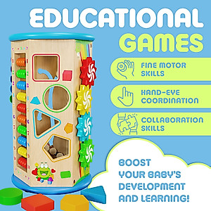 Wooden Activity Cube for Toddlers 1-3 with Bead Maze - Birthday Gift Busy Baby Activity Cube for Babies 12 Months - Standing Wood Sensory Learning Cube Play Center Toys for 1 Year Old Boys & Girls