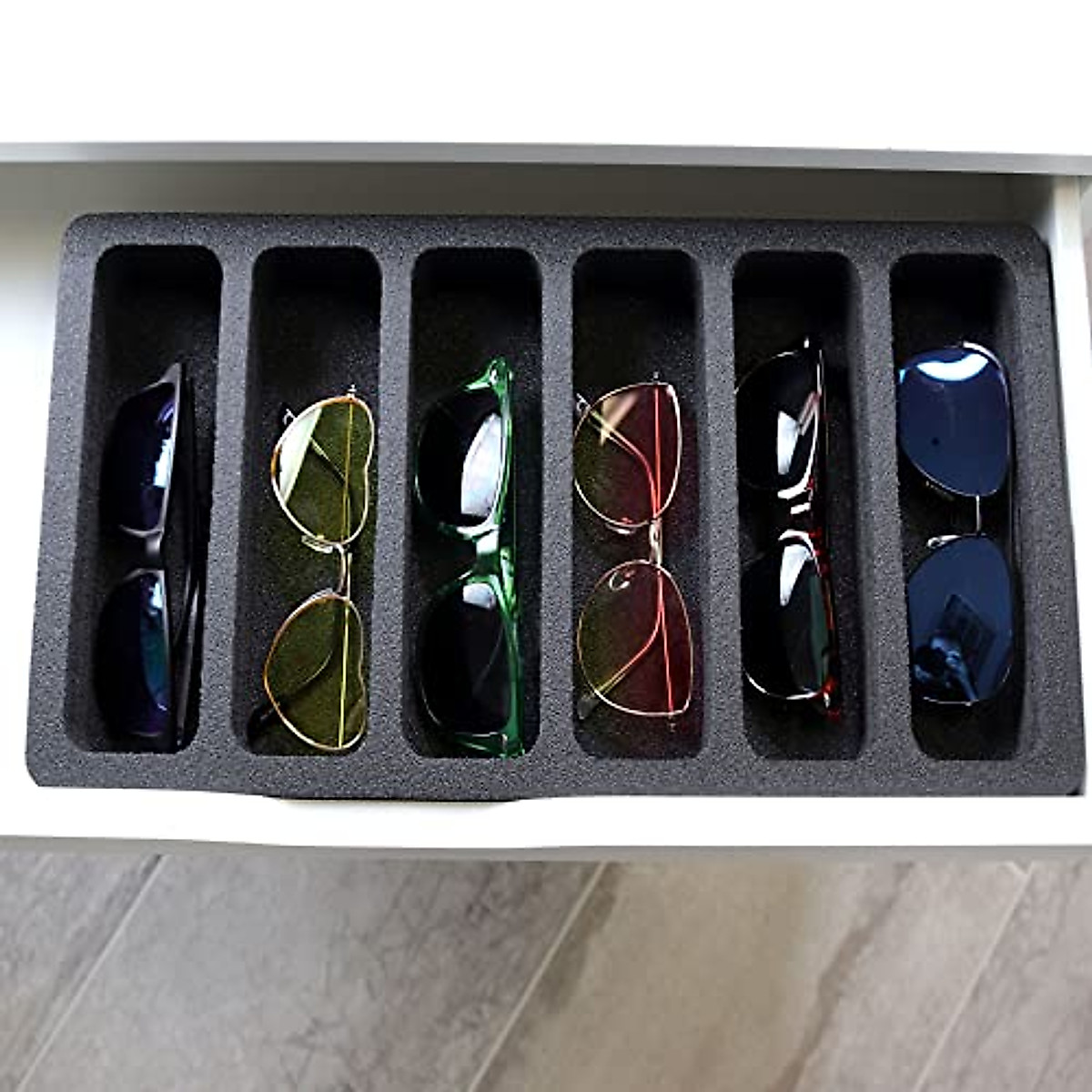 Polar Whale Sunglasses Drawer Organizer Tray Insert for Home Bedroom Bathroom Vanity Dresser Counter Table Waterproof Washable Black Foam 6 Compartment 8.25 x 18 Inches