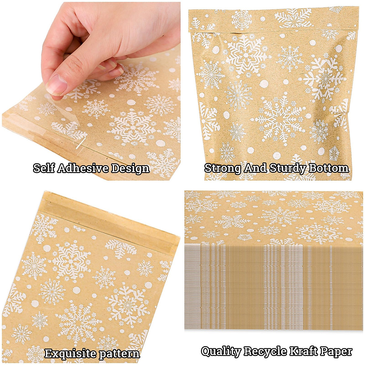 Whaline 100Pcs Christmas Kraft Treat Bags Self-Adhesive Winter White Snowflake Prints Goodie Snack Gift Bags Xmas Candy Buffet Kraft Bags for Winter Holiday Party Favor Supplies