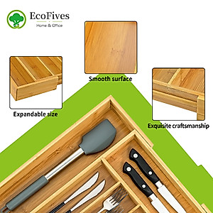 EcoFives Bamboo Drawer Utensil Organizer Expandable 7Slots + Acacia Silverware Organizer Adjustable 5 Slots
