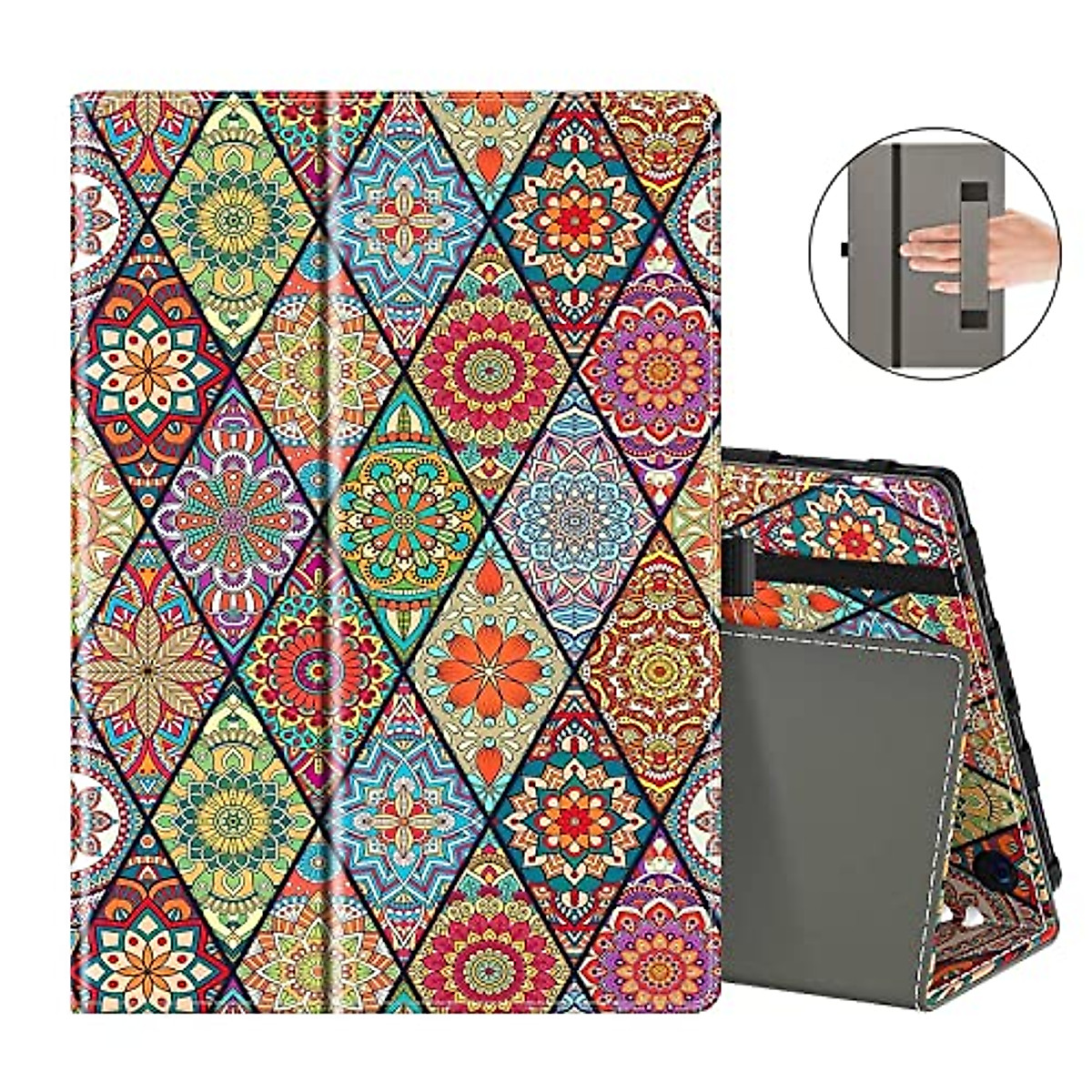 Retear Case for Amazon Kindle Fire HD 10 (ONLY fit 11th Generation 2021 Release) & Fire HD 10 Plus Tablet 10.1", Slim Folding Stand Cover with Auto Wake/Sleep & Hand Strap, Mandala Flower