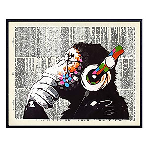 Banksy DJ Chimp - Unframed Dictionary Wall Art Print - Makes a Great Gift for Home Decor, Living Room, Bedroom - Ready to Frame (8X10) Vintage Photo