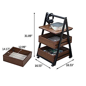 Gdrasuya10 3 Tier Retro End Table Side Table, 2 Adjustable Drawers Nightstand with Storage Shelf Wood Sofa Bedside Table with Rolling Casters for Bedroom