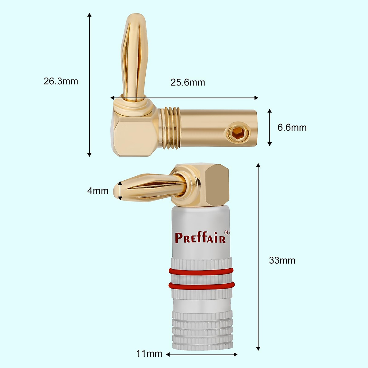 Preffair 12 PCS/6 Pairs 4mm Right Angle/90 Degree Speaker Banana Plugs Dual Screw Locking Speaker Connectors Gold Plated Audio Jack Connectors for Speaker Wire Cable Terminals