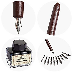 Hethrone Wooden Dip Pen Handcrafted Calligraphy Set with 11 Nibs & Black Ink 
