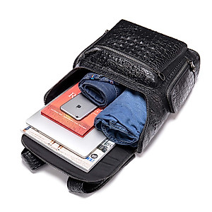 Premium Leather 14 Inch Laptop Backpack Large Capacity Daypack for Travel Hiking Camping, Crocodile Embossed Black