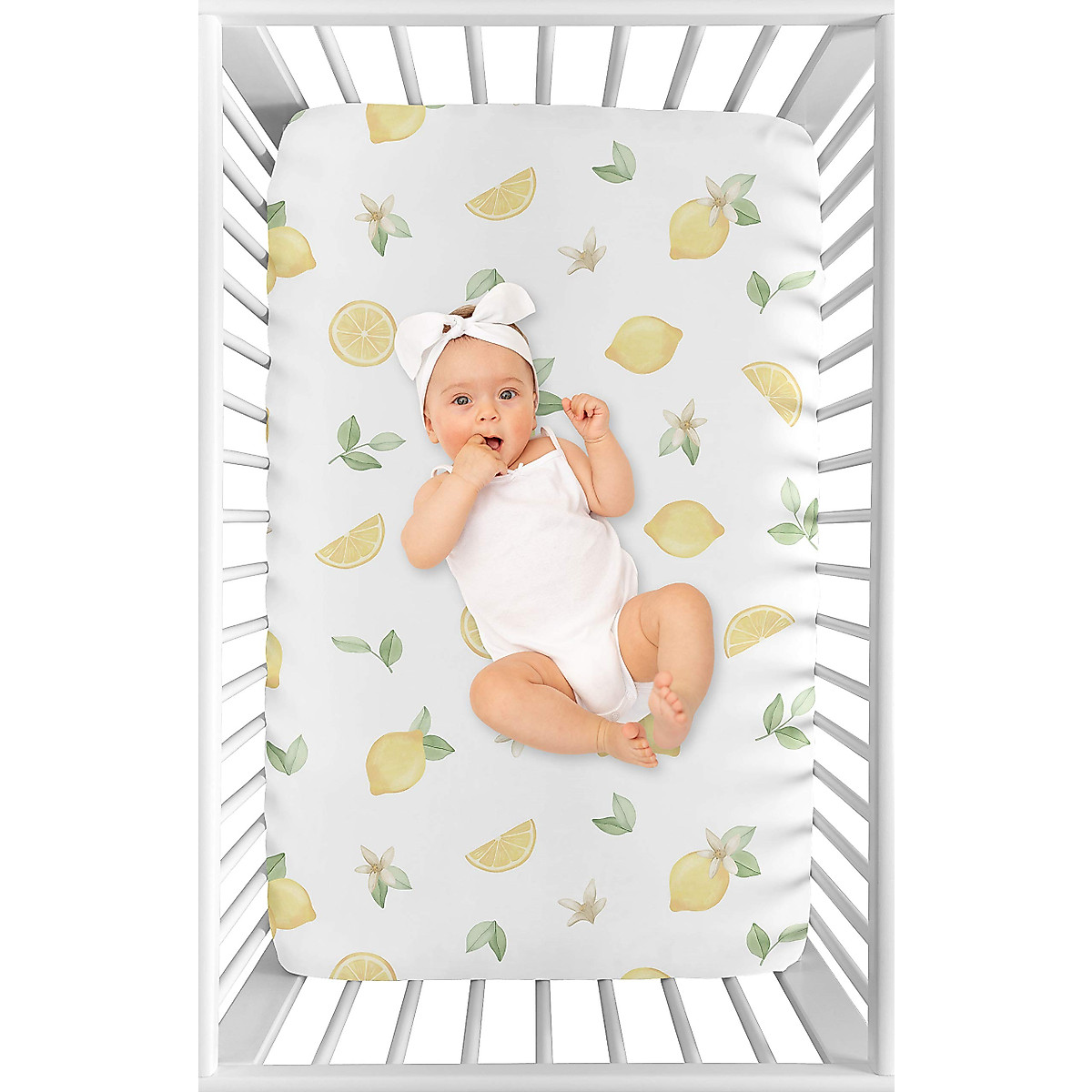 Sweet Jojo Designs Lemon Floral Girl Fitted Mini Crib Sheet Baby Nursery For Portable Crib Pack and Play Yellow Green Beige White Watercolor Boho Bohemian Farmhouse Fruit Flower Blossom Botanical Leaf