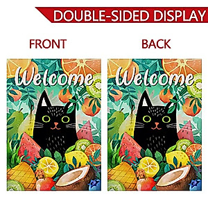 Dyrenson Welcome Summer Black Cat Lemon Watermelon Tropical Decorative Garden Flag, Yard Outside Decoration Outdoor Small Decor 12x18