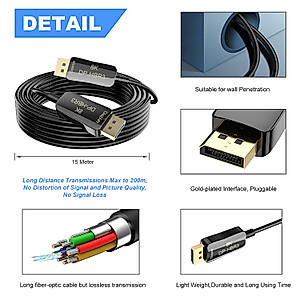 CABLEDECONN Fiber 8K 4K DisplayPort Cable DP 1.4 HBR3 8K@60Hz 4K@144Hz High Speed 32.4Gbps Optical Fiber Slim and Flexible DP to DP Cable 15m 50ft