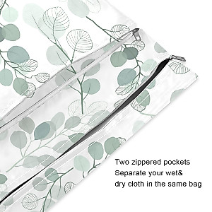 OTVEE Chic Eucalyptus Leaves Branch Wet Dry Bag, 2 Pcs Waterproof Reusable Wet Bag for Cloth Diaper Swimsuit