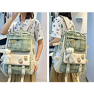ZHHUIZ 5 Pcs Kawaii Backpack Set with Pins Plush Bear Pendant, Aesthetic Plaid Shoulder Bag School Bag Purse Back to School Supplies (Green), One Size