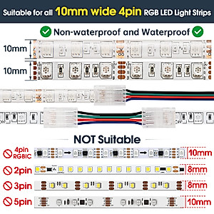 GXILEE 4 pin LED Connectors,10 Pack Solderless Track Lighting Connectors, Transparent 4 Pin LED Lights Connector for 10mm Wide 2835 5050 RGB Strip, includes 16.4ft 22 Gauge LED Extension Cable