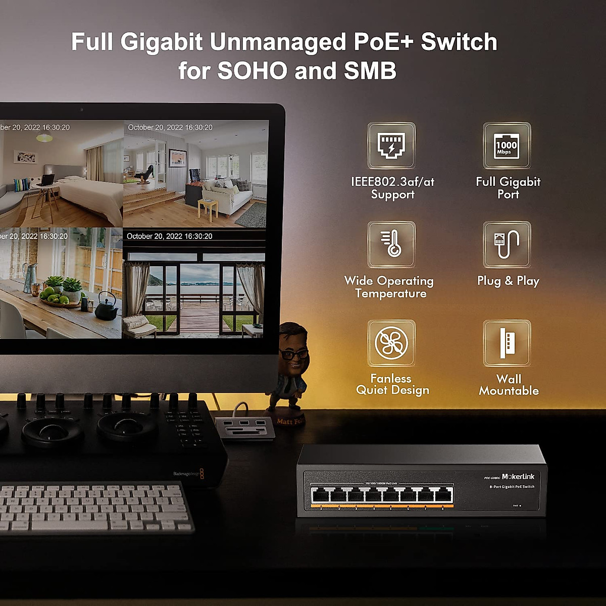MokerLink 8 Port Gigabit PoE Switch, 8 PoE+ Ports 1000Mbps, 802.3af/at 120W, Metal Fanless Unmanaged Plug and Play