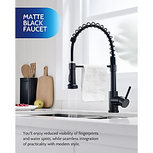 LUFEIDRA Black Kitchen Faucet with Sprayer-High Arc Kitchen Faucets Single Hole 304 Stainless Steel Kitchen Sink Faucet, Efficient Cleaning Faucet for Bar Sink Commercial Modern rv, Matte Black