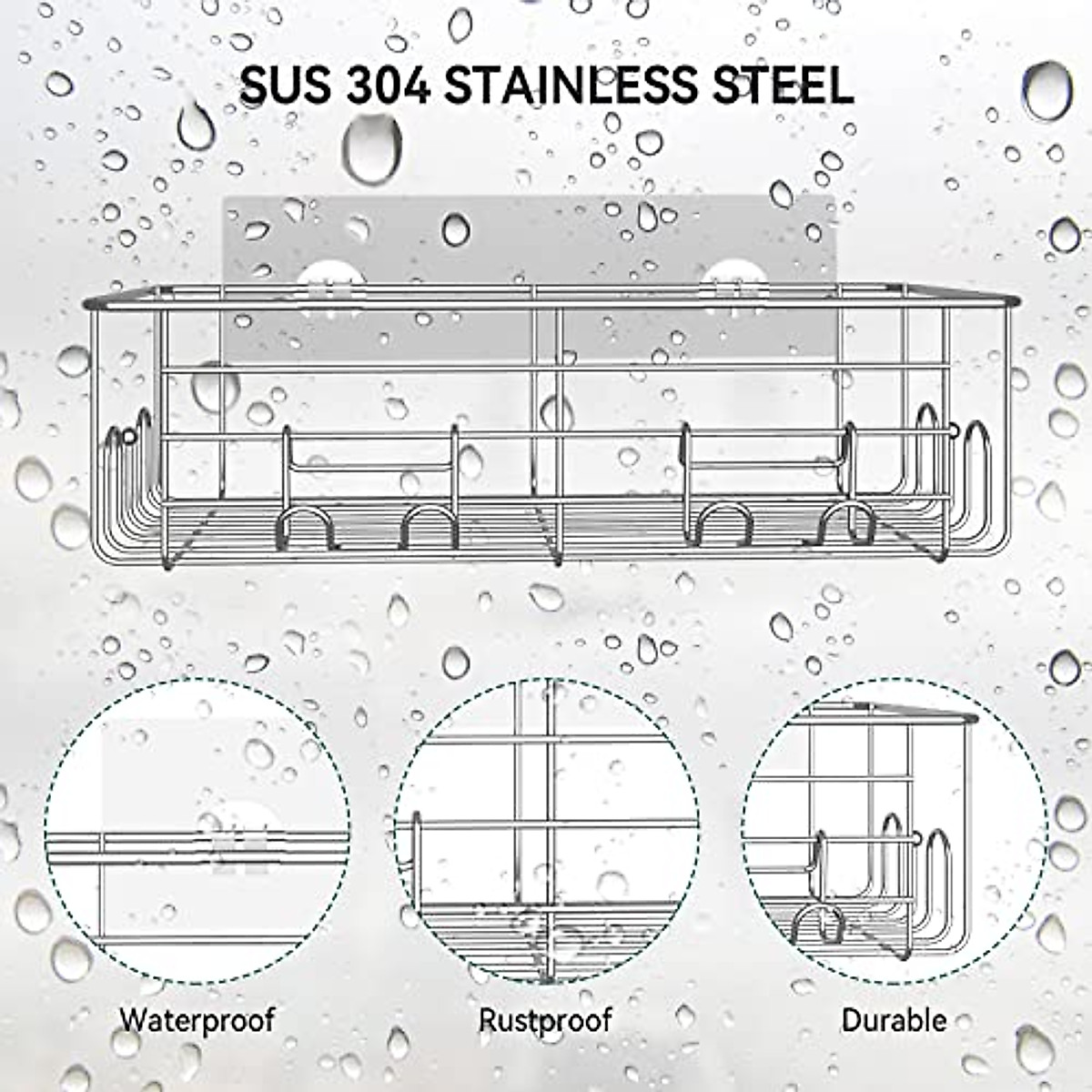 Shower Caddy Bathroom Shelf, CUPAN Shower Caddy Basket Shelf with Soap Dish and Hooks, No Drilling Adhesive Bathroom Shelf SUS304 Stainless Steel Bathroom Kitchen Storage Organizer (2 Pack, Silver)