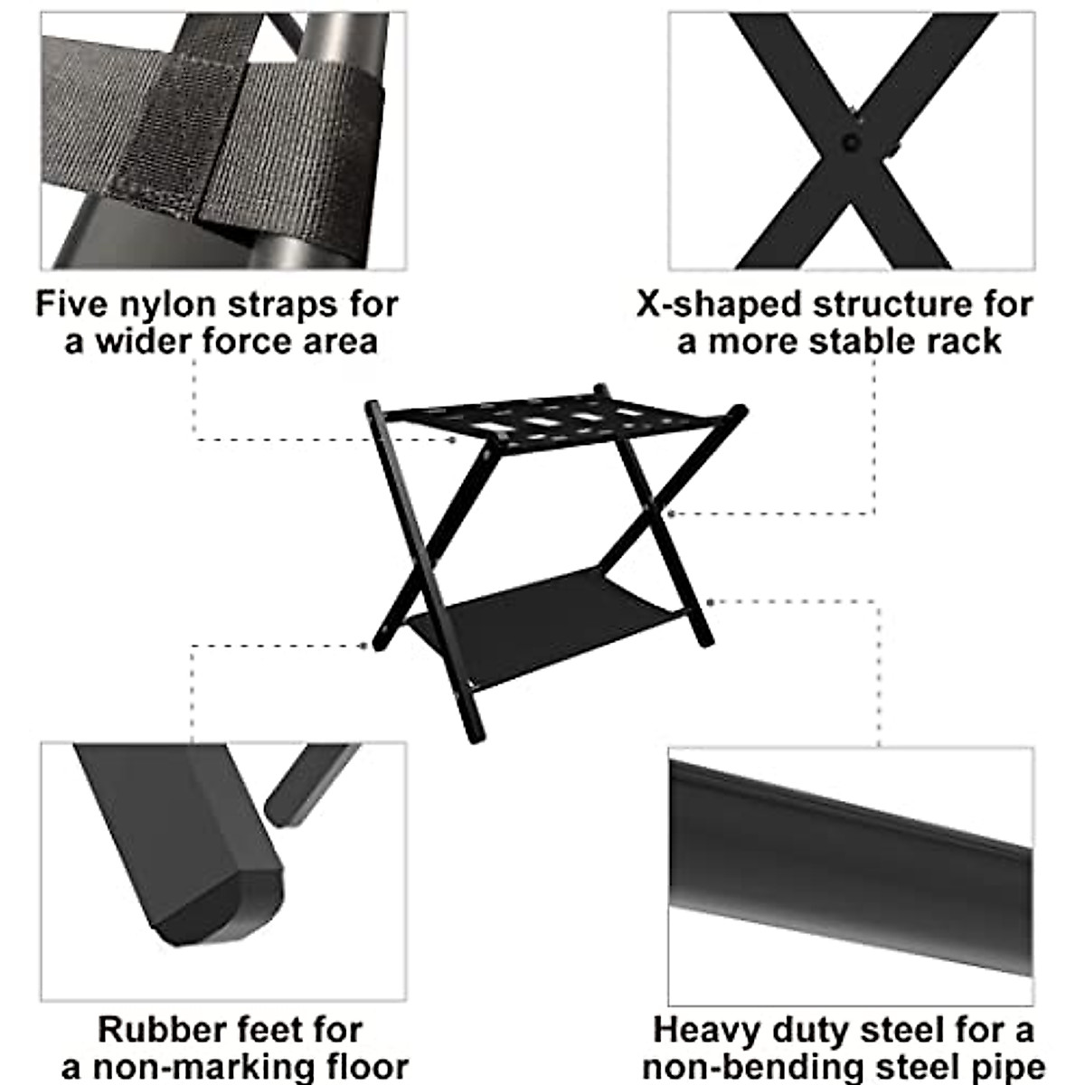 Fandature Folding Luggage Rack for Guest Room, Metal Foldable Suitcase Stand Holder with Colth Shelf for Bedroom, Black, 1pack