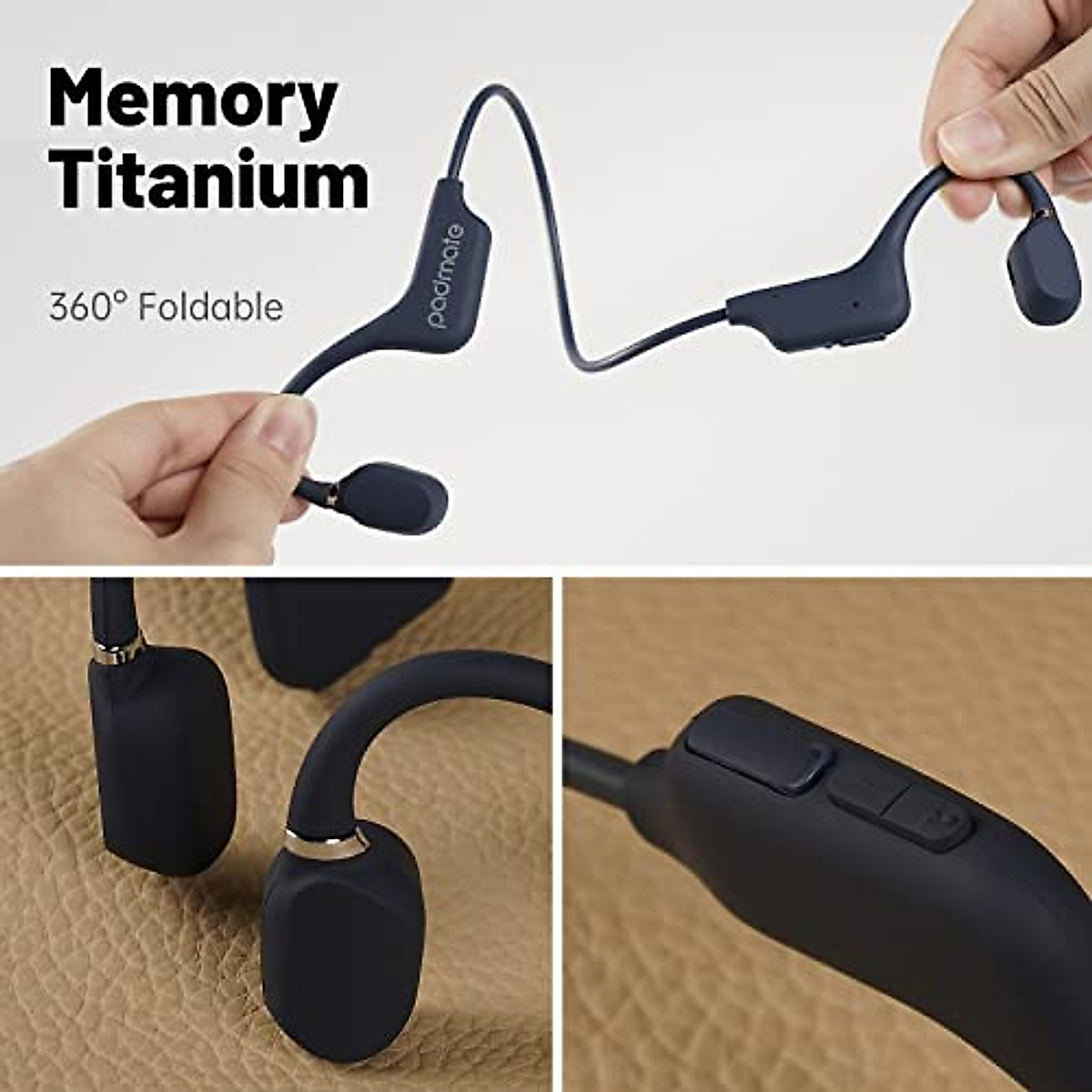 Padmate Open-Ear Air Conduction Headphones Bluetooth Wireless Earbuds with Mic, Sport Headset Bluetooth 5.0 Wireless Earphones for Workouts, Foldable/Lightweight/8Hr Playtime/IP67 Waterproof(Blue)