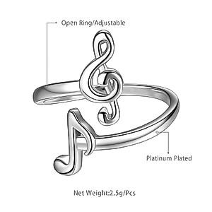 beautlace Musical Note Adjustable Rings Silver Plated Love Heart Treble Clef Music Note Open Ring Jewelry Gifts for Music Lover KR0026W