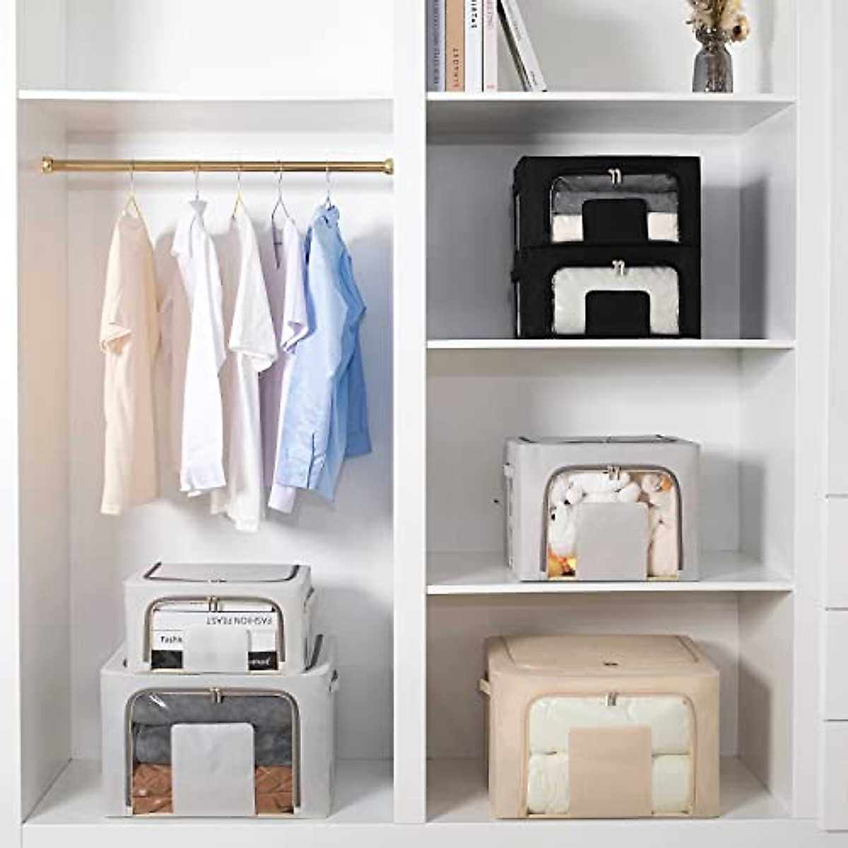 FAikhom 3 Pack Stackable Storage Bins- Foldable Metal Frame Storage Box Oxford Fabric Stackable Clothes Container Organizer with clear Window & Carry Handles (66L, Grey)