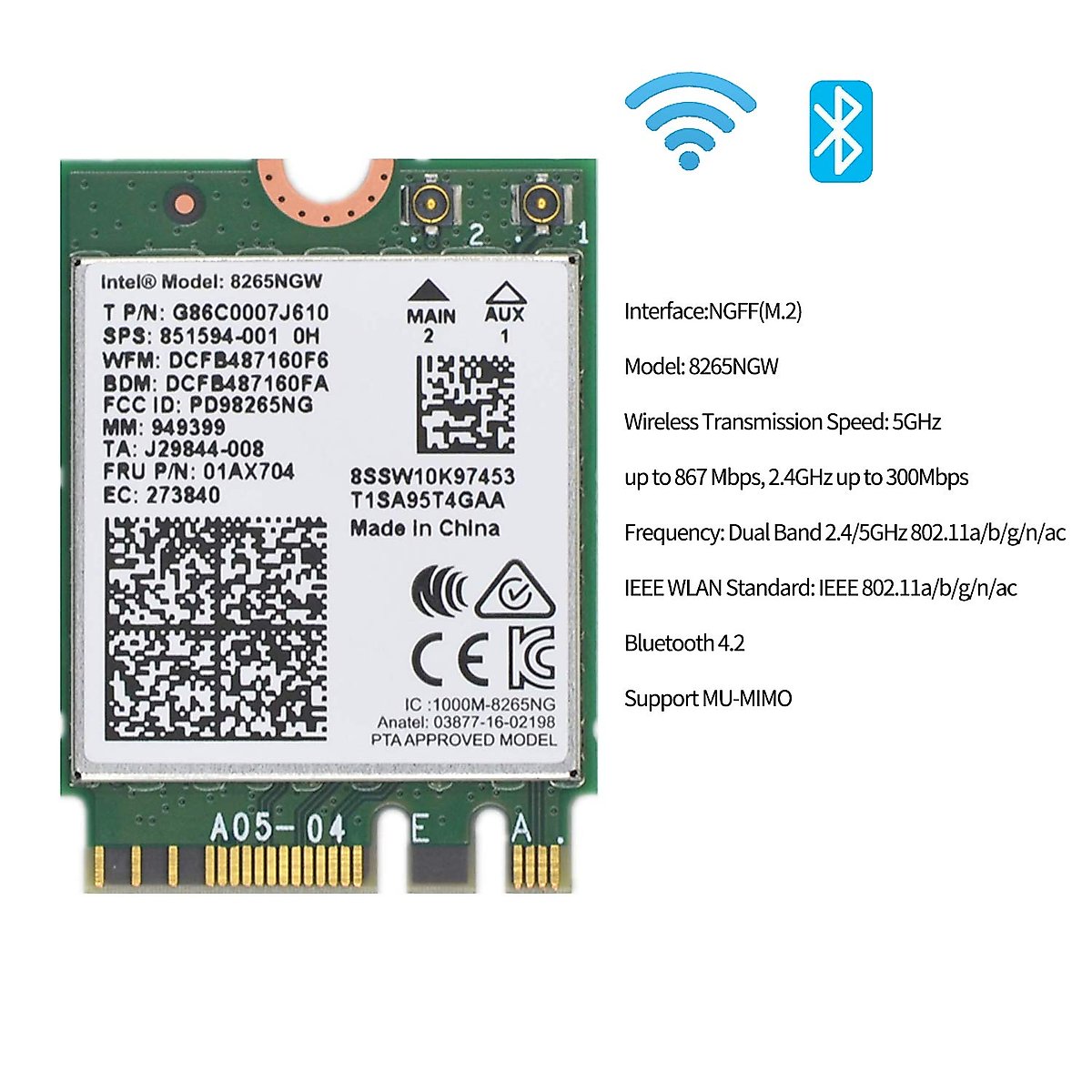 Makeronics 8265AC/8265NGW Wireless NIC Module M.2 NGFF for Jetson Nano Support 2.4GHz / 5GHz 300Mbps / 867Mbps Dual Band WiFi and Bluetooth 4.2 | Assembly Instruction Included