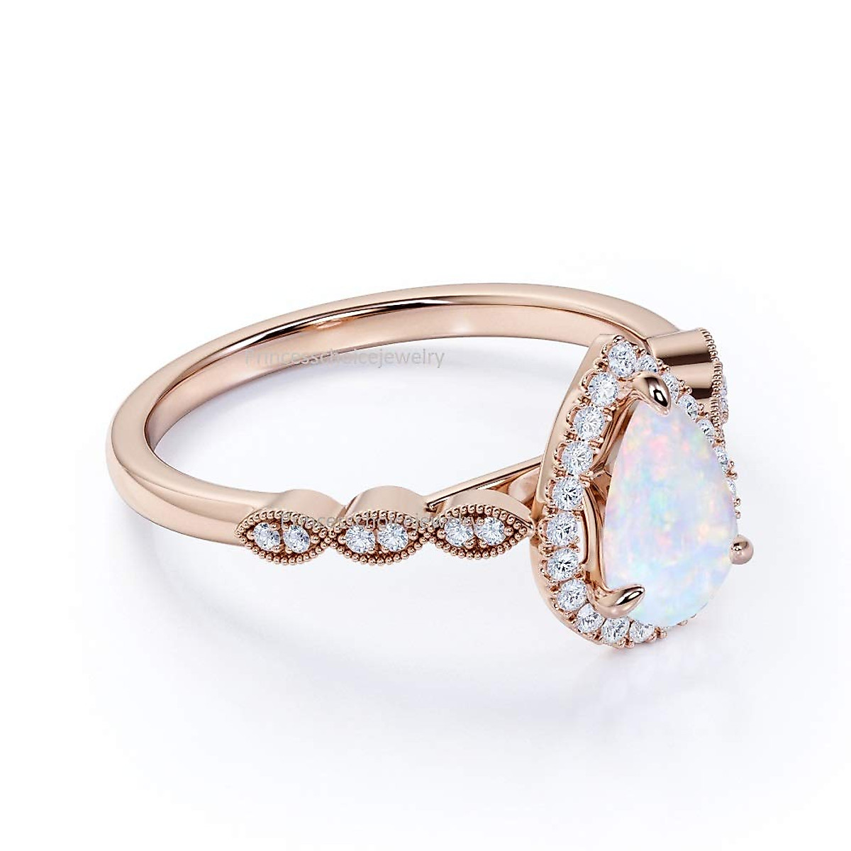 PB Collection Halo Teardrop Bridal Created Pear Shaped White Opal Round Cubic Zirconia 925 Sterling Silver Engagement Ring 14K Rose Gold Over 7