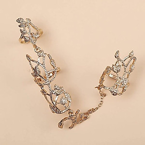 Cuteam Women Ring, Chain Link Ring Lightweight Fashion Jewelry Full Rhinestone Retro Flower Link Ring for Gift Golden