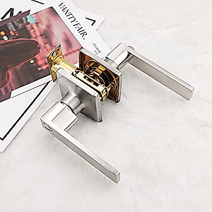GOBEKOR 5 Pack Interior Brushed Nickel Bedroom Door Handles with Lock Privacy Door Levers Bathroom Lever, Square Rosette