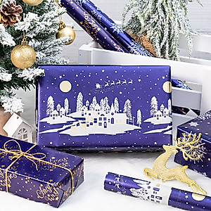 WRAPAHOLIC Christmas Wrapping Paper Roll - Mini Roll - 3 Rolls - 17 Inch x 120 Inch Per Roll - Dark Blue House, Reindeer, Snowflake Holiday Collection with Metallic Foil Shine