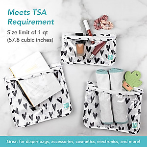 Bumkins Travel Bag, Toiletry, TSA Approved Pouch, Zip Bag, Quart Size Airline Compliant, Clear-Sided, Baby, Diaper Bag Organization, Makeup, Accessories, Packing, Set of 3 Sizes, Black Hearts