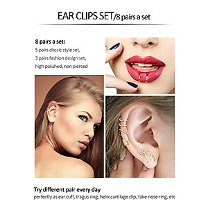 Blulu 8 Pairs Ear Cuffs Earrings Cuff Non Piercing Stainless Steel Clip on Cartilage Earrings for Men Women, 8 Various Styles