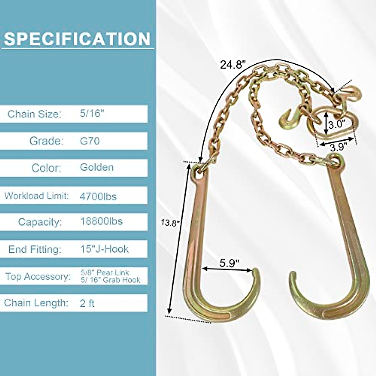 BLACKHORSE-RACING 5/16''x2' G70 J Hook Tow Chain V Bridle with Large Shank J Hooks and Grab Hooks,Flatbed Truck Trailer Safety Tow Chain 4700 lbs Working Load Limit