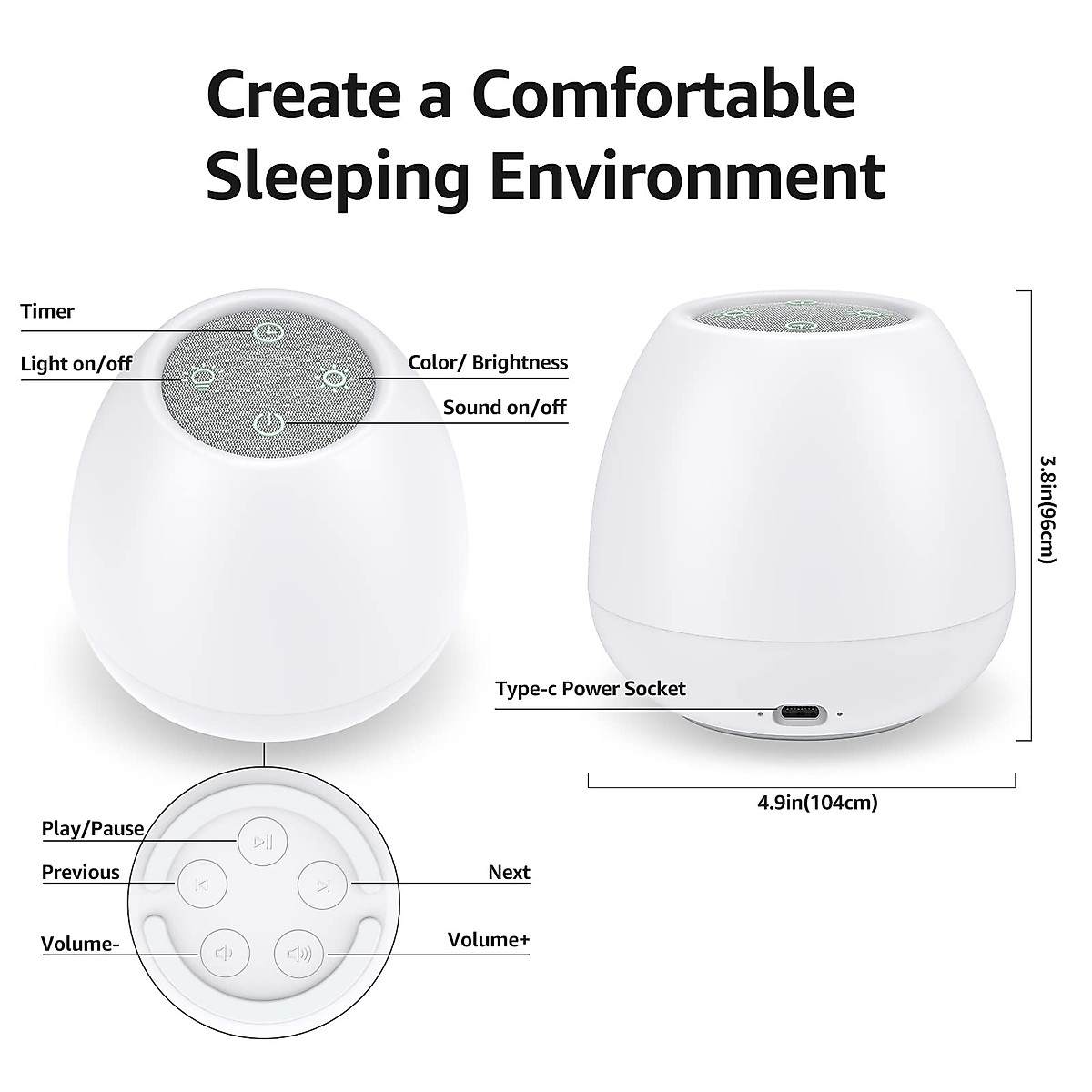 BGOVERSS White Noise Machine for Baby Kids Adults, Sleep Sound Machine with 20 Adjustable Volume & 14 Soothing Stereo Sounds, 5 Timer & Memory Function, Adjustable Night Light for Sleeping