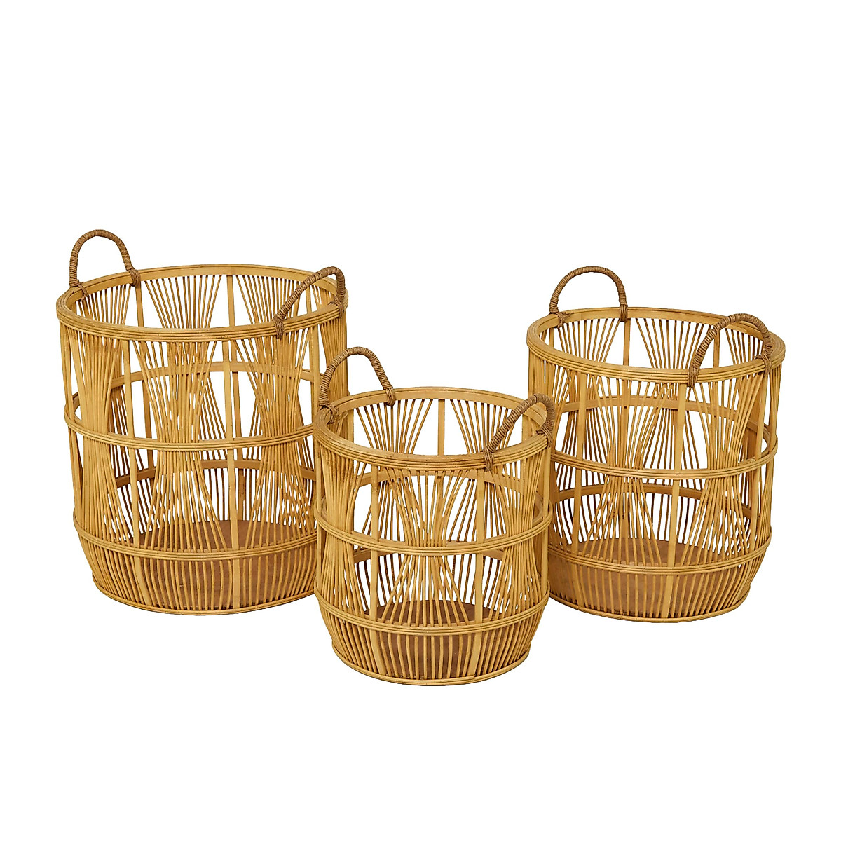 Deco 79 Wood Handmade Decorative and Functional Storage Basket Basket Organizer with Handles, Set of 3 Basket for Storage 19", 17", 15"H, Brown