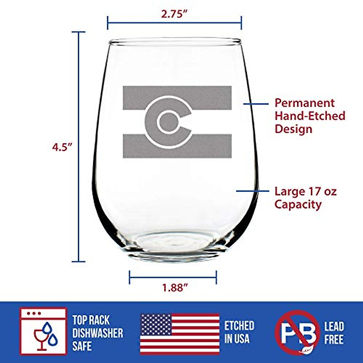 Colorado Flag - Stemless Wine Glass - Centennial State Themed Gift and Décor - Large 17 Ounce